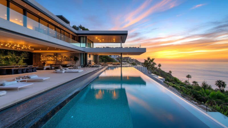 Modern Architectural Home with Infinity Pool Overlooking Sunset Ocean ...