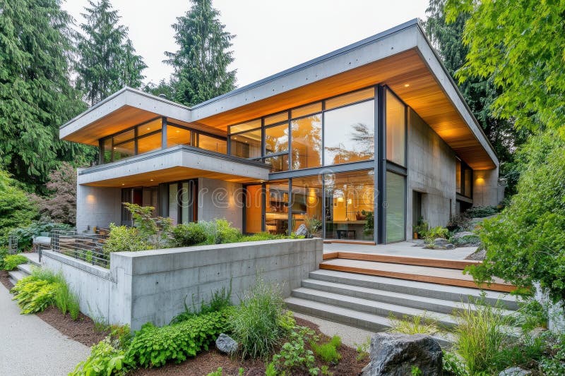 Modern Architectural Home with Large Windows and Natural Landscaping ...