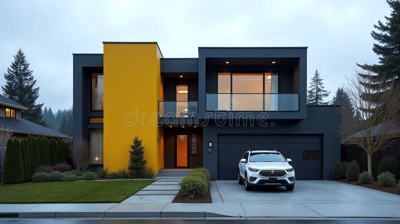 Modern Architectural House Bold Yellow Accent Large Windows Stock ...