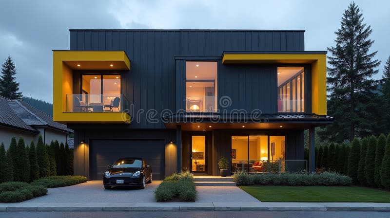 Modern Architectural House Bold Yellow Accent Large Windows Stock ...