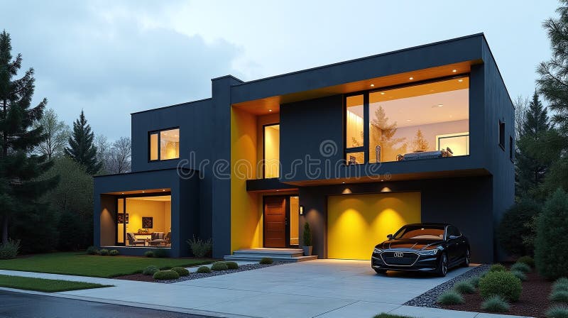 Modern Architectural House Bold Yellow Accent Large Windows Stock ...