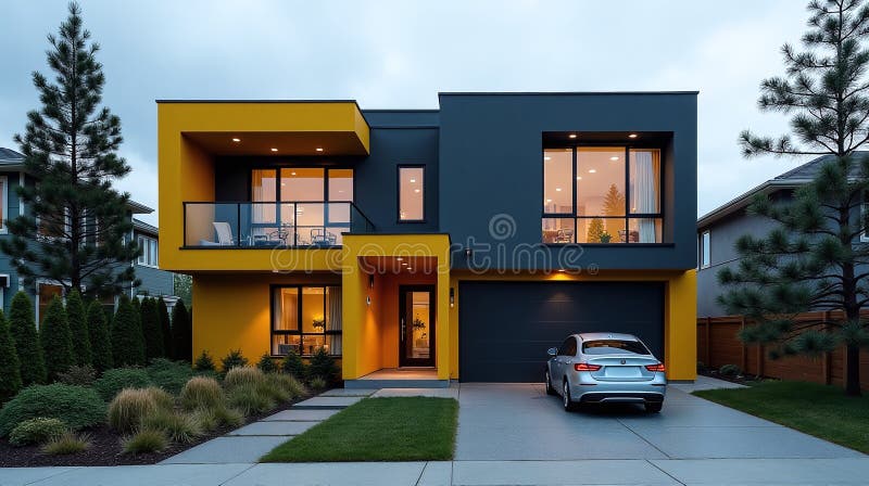Modern Architectural House Bold Yellow Accent Large Windows Stock ...