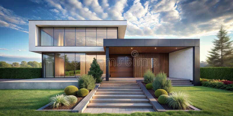 Modern Architectural House Design with Expansive Windows and Landscaped Yard. Generative AI ...