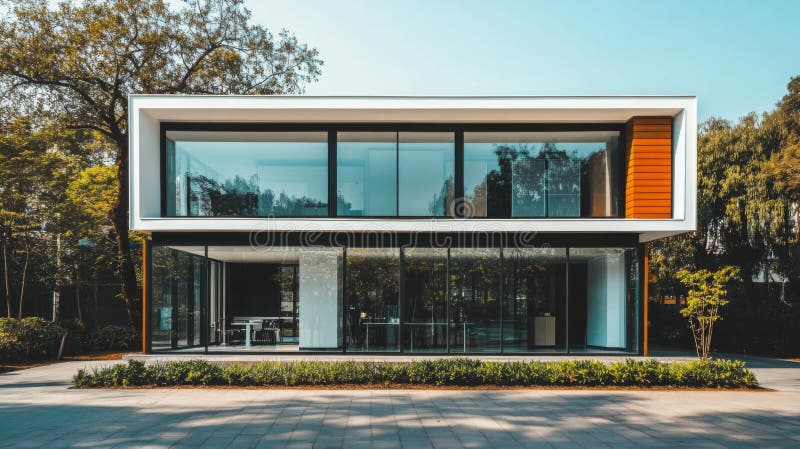 Modern Architectural House with Large Windows and Lush Greenery Stock ...