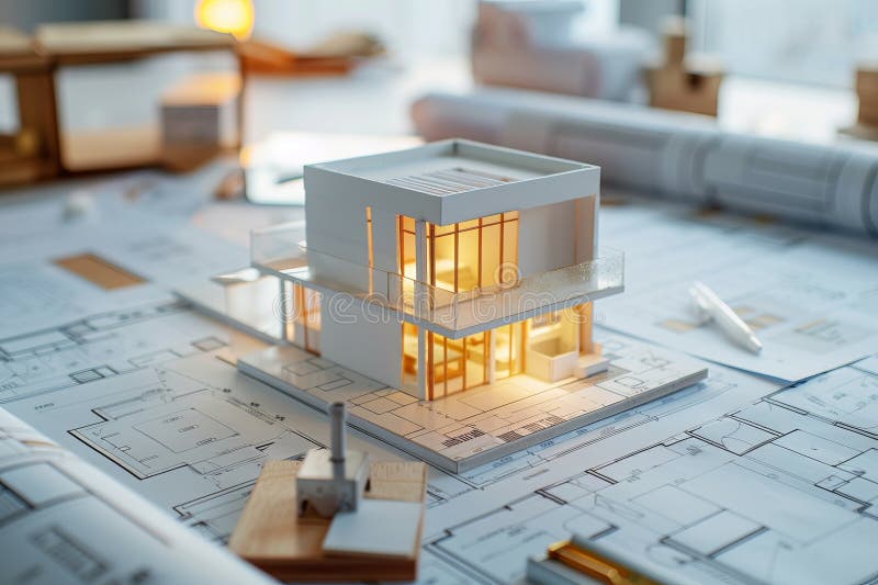 Modern Architectural House Model on Design Blueprints. Illuminated ...