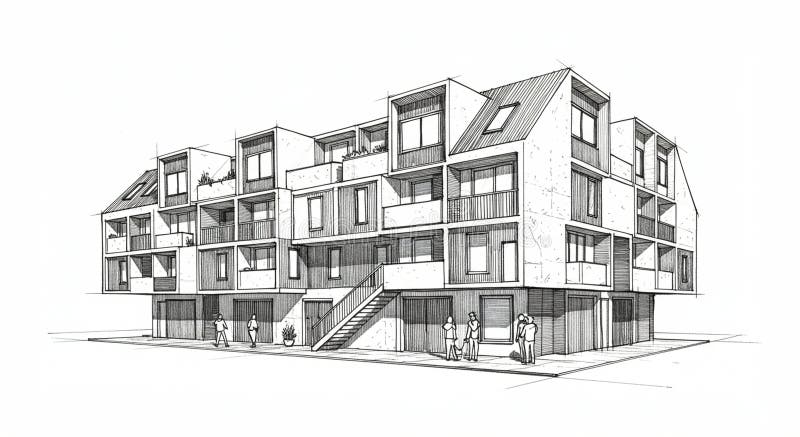 Modern Architectural Illustration of a Multi-story Residential Building ...