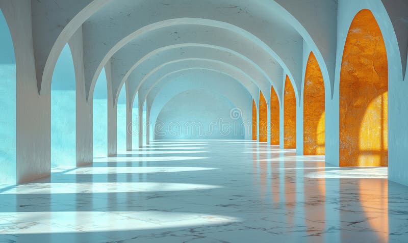Modern Architectural Interior with Blue and Orange Arches and ...