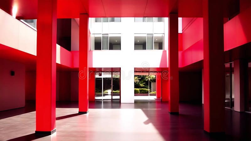 Modern Architectural Interior with Bold Red Columns Stock Footage ...
