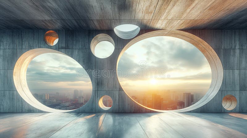 Modern Architectural Interior with Circular Windows Overlooking a City ...