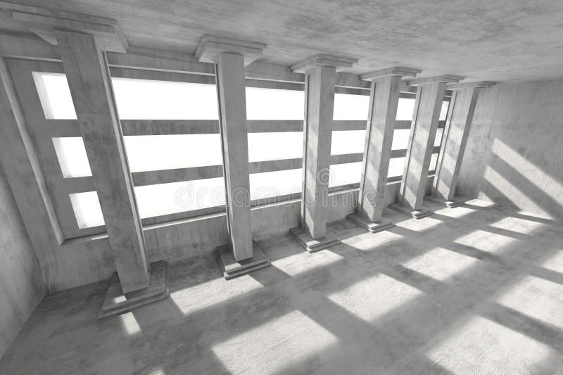 Modern Architectural Interior with Concrete Columns and Large Windows ...