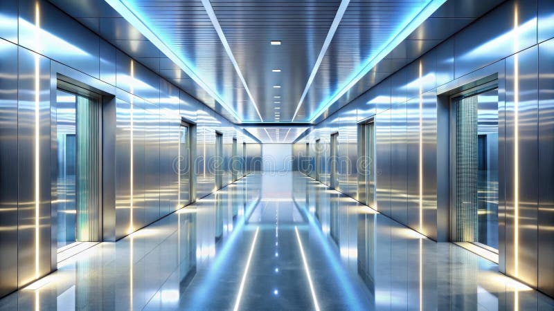 Modern Architectural Interior Corridor with Sleek Metallic Walls and ...