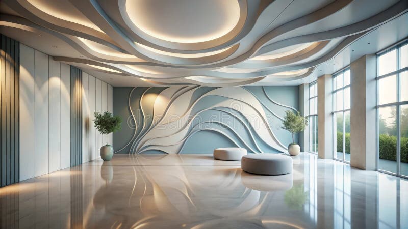Modern Architectural Interior Design with Serene Wave Wall Feature and ...