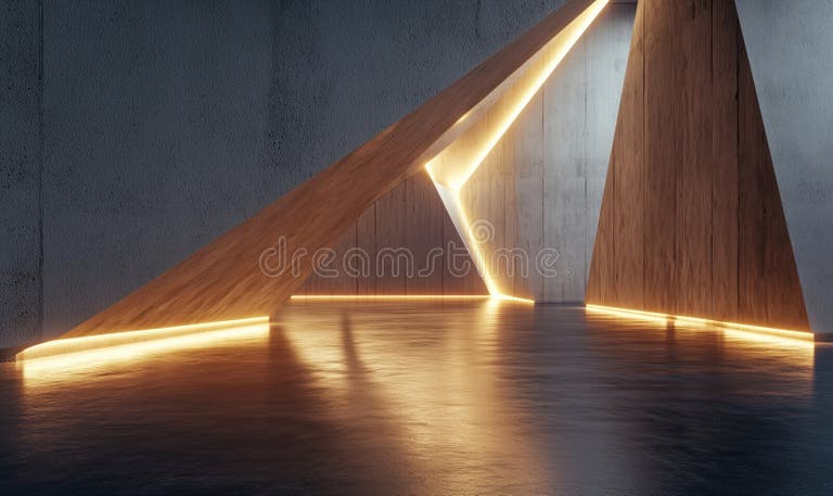 Modern Architectural Interior with Dramatic Lighting and Angular Wooden ...