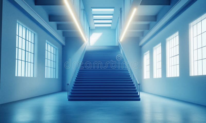 Modern Architectural Interior Featuring Blue Staircase and Large ...