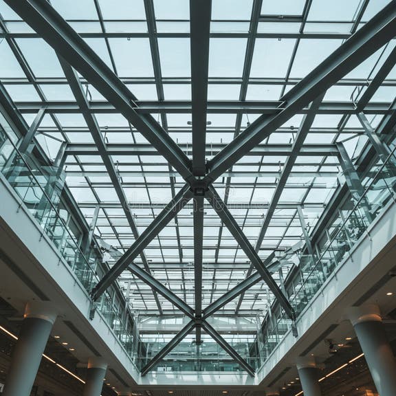 Modern Architectural Interior Featuring a Large Atrium with a Geometric Glass and Steel Stock ...