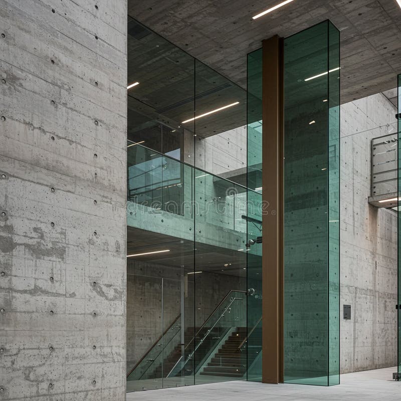Modern Architectural Interior Featuring Large Glass Panels, Exposed ...