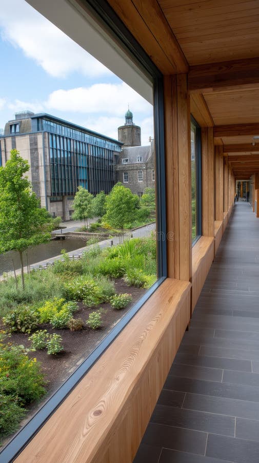 Modern Architectural Interior Featuring Wooden Corridor and Garden View ...