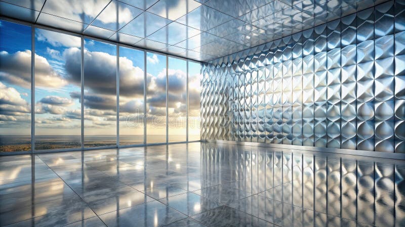 Modern Architectural Interior with Panoramic Window Views and Reflective Metallic Wall ...