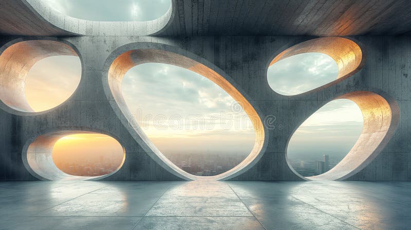 Modern Architectural Interior with Unique Window Designs Overlooking a ...