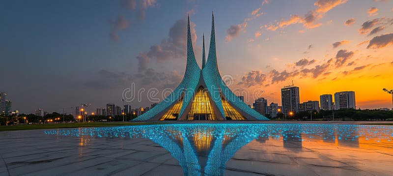 Modern Architectural Landmark with Illuminated Facade at Sunset ...