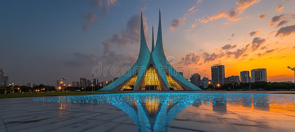 Modern Architectural Landmark with Illuminated Facade at Sunset ...