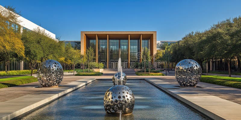 Modern Architectural Landscape with Sculptures and Water Features Stock ...