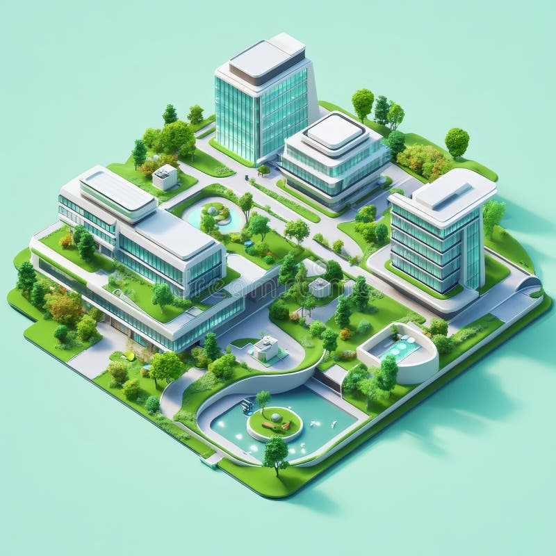 A Modern Architectural Layout Featuring Buildings, Greenery, and Water ...