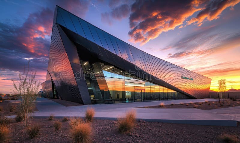 Modern Architectural Marvel with Angular Design Reflecting Sunset Hues ...
