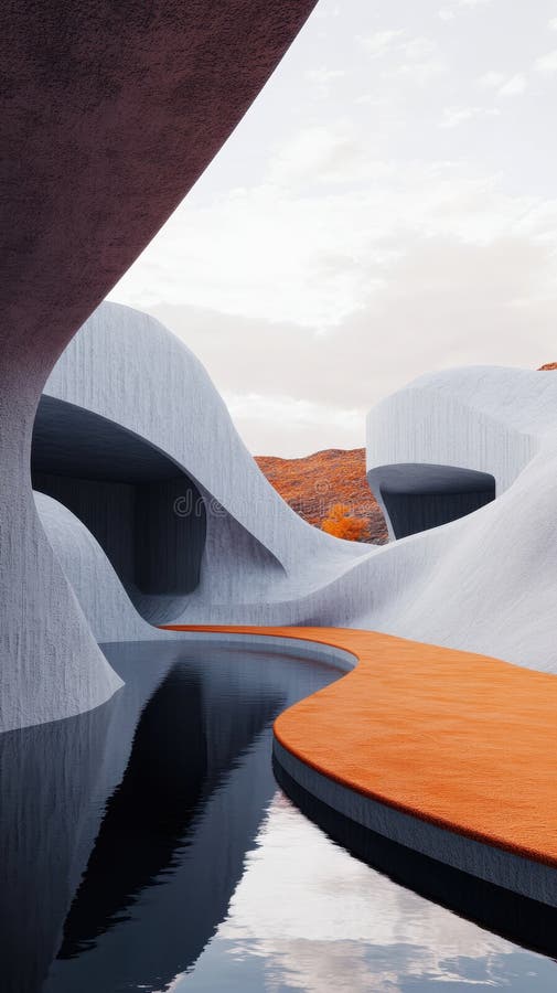 Futuristic Architecture with Flowing Curves and Serene Water, AI Stock ...