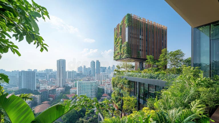 A Modern Architectural Marvel with Lush Greenery Overlooking a City ...
