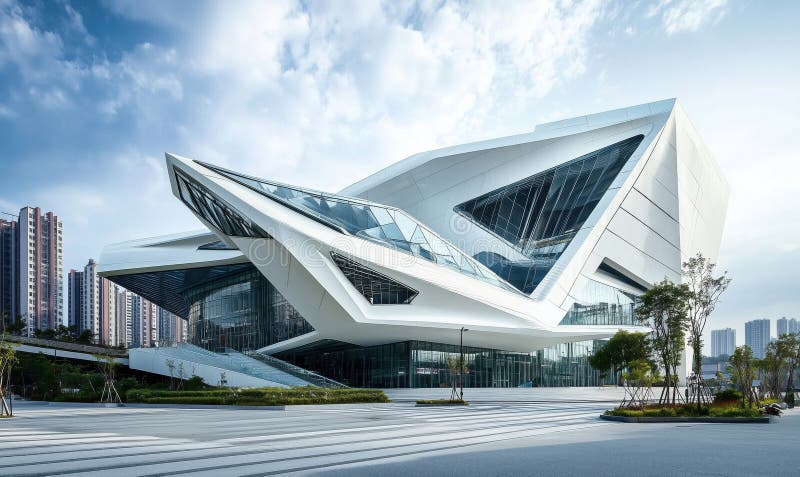 Modern Architectural Marvel, Sleek Design, Angular Shapes, Large Glass ...