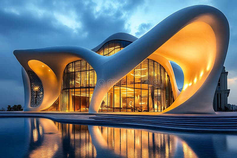 Modern Architectural Masterpiece with Dynamic Curves and Lighting Stock ...