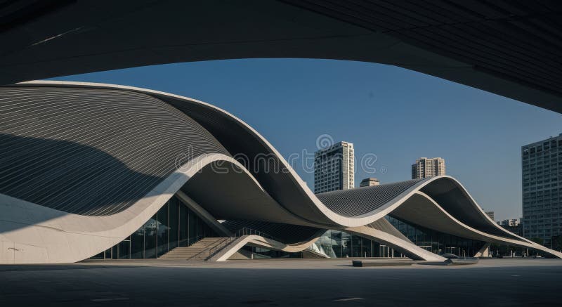 Modern Architectural Masterpiece with Fluid Lines and Urban Skyline ...