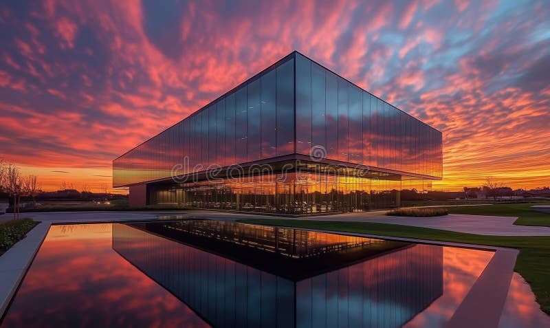 Modern Architectural Masterpiece Reflecting Vibrant Sunset Colors in ...