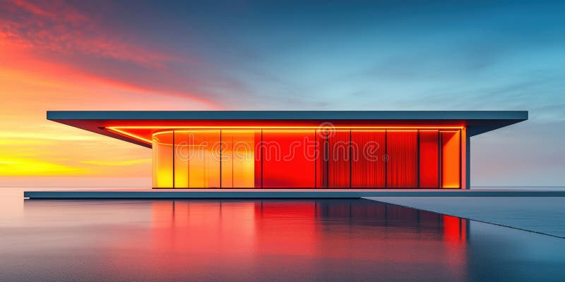 Modern Architectural Masterpiece with Vibrant Orange Lighting at Sunset ...