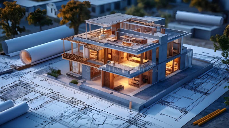 Modern Architectural Model on Blueprint with Blue Background, Project ...