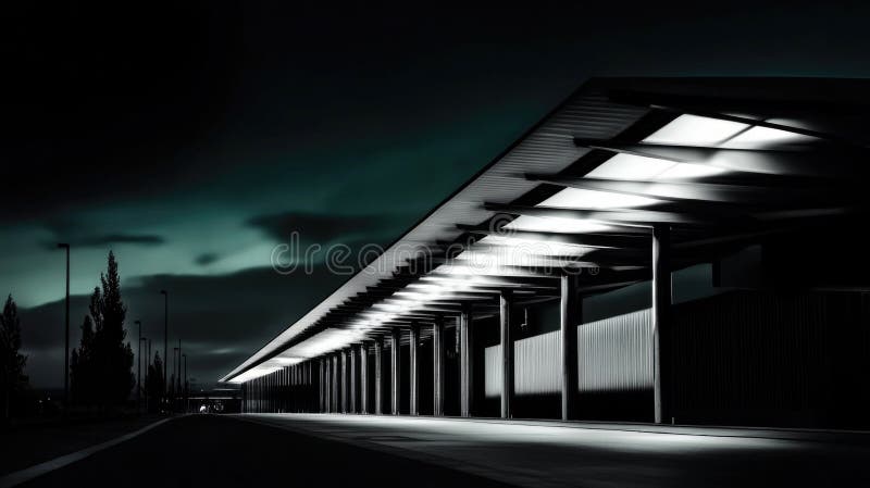 Modern Architectural Night Scene with Illuminated Building and Dramatic ...