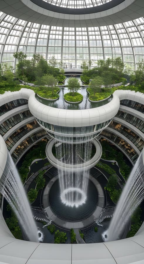 Modern Architectural Oasis: Interior Waterfall and Green Spaces Stock ...