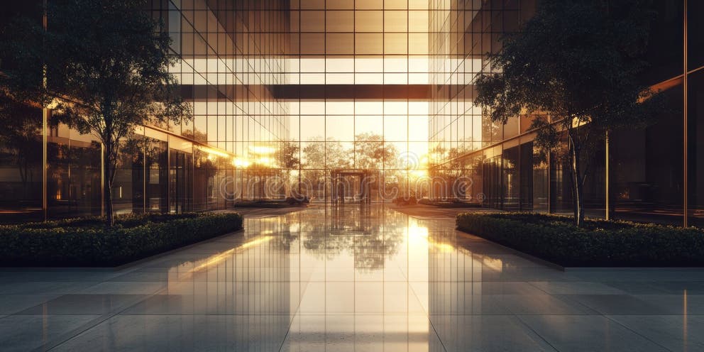 Modern Architectural Pathway with Glass Facade and Sunset Reflection ...