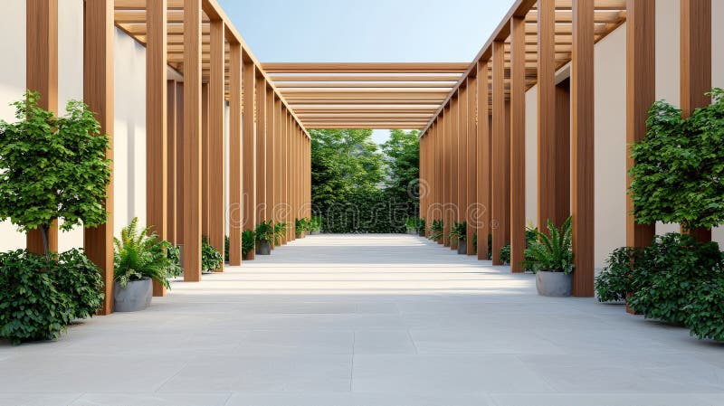 Modern Architectural Pathway with Greenery and Natural Light Generated ...