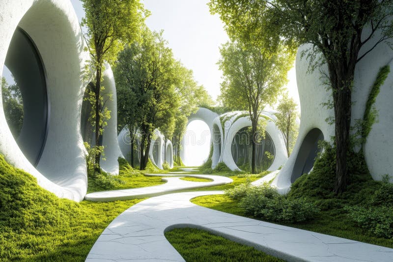 Modern Architectural Pathway Surrounded by Lush Greenery in a Serene ...