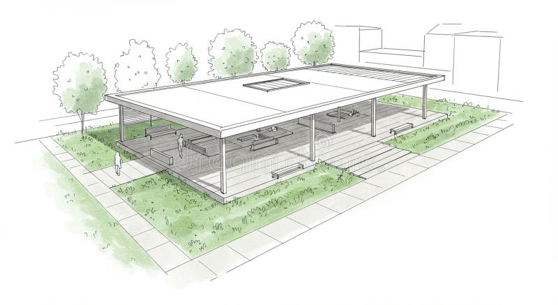 Modern Architectural Pavilion Sketch Featuring a Flat, Rectangular Roof ...
