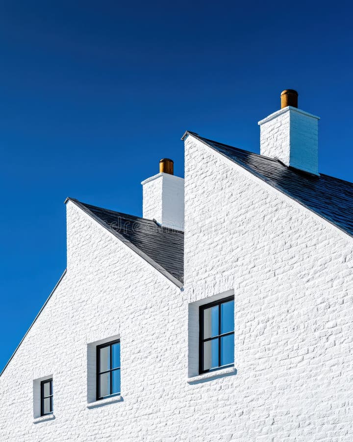 Modern Architectural Perspective of White Brick Building with Chimneys ...