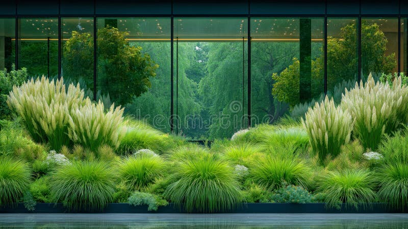 Modern Architectural Reflection with Lush Greenery and Ornamental ...