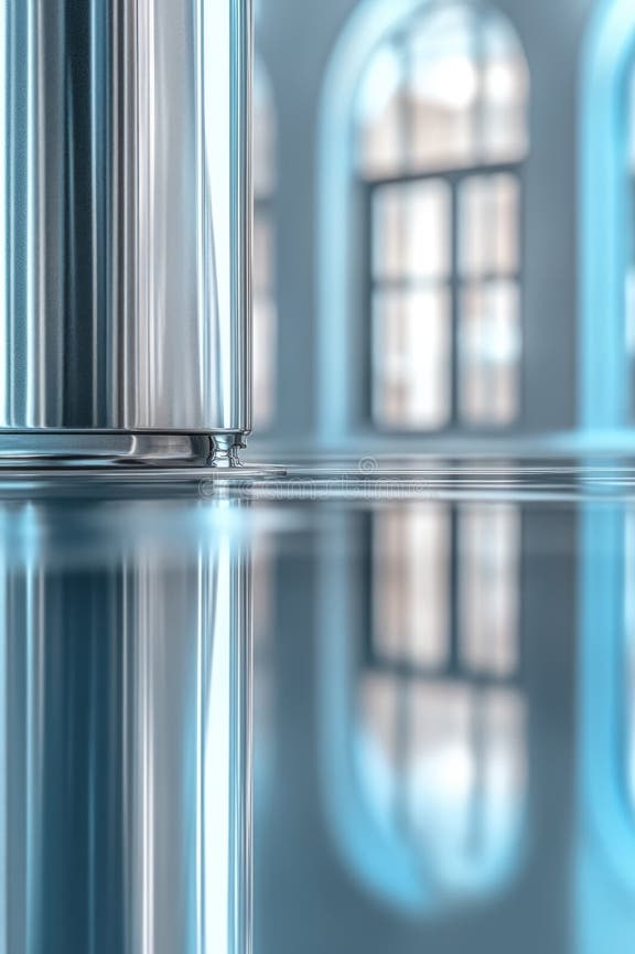 Modern Architectural Reflection in Sunlit Interior with Glass and Metal Elements Stock Image ...