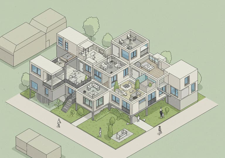 Modern Architectural Rendering of a Modular Building, Featuring a Block ...
