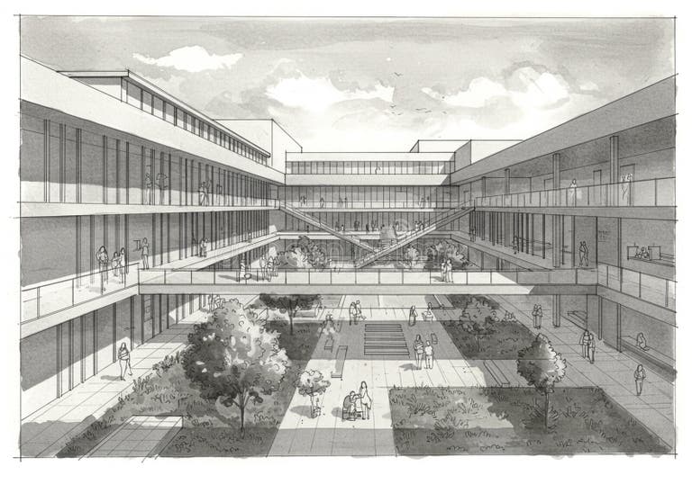 Modern Architectural Rendering of a Multi-level Building with an Open ...