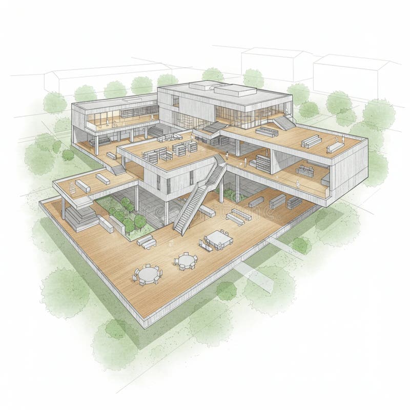 Modern Architectural Rendering of a Multi-level Building with Open ...