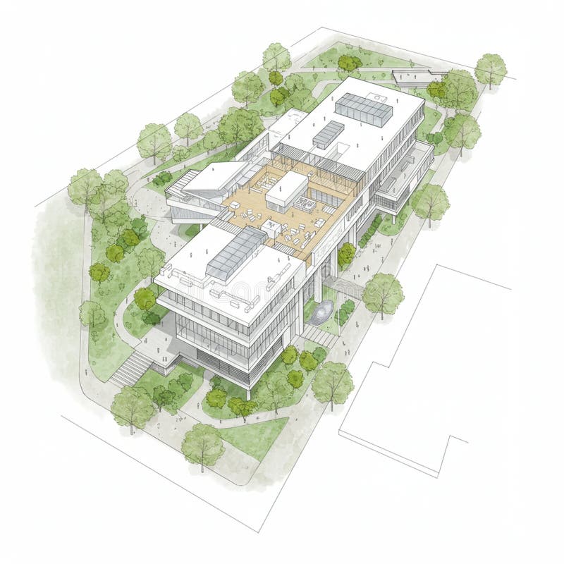 Modern Architectural Rendering of a Multi-story Building Surrounded by ...