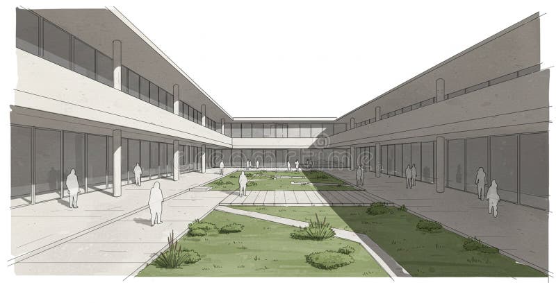 Modern Architectural Rendering of an Open-air Courtyard Surrounded by ...
